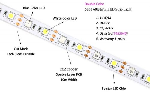 Double Color LED Strip Light with 16.4’ 72W 300 Diodes 5050 - DERUN LED